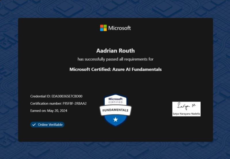 Earned Microsoft Azure AI Fundamentals! | Aadrian Routh posted on the ... Earned Microsoft Azure AI Fundamentals! | Aadrian Routh posted on the ...