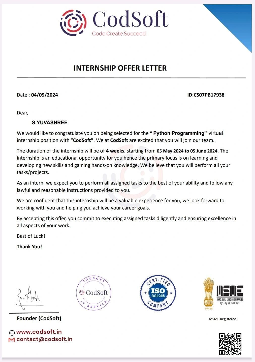 YUVA SHREE.S on LinkedIn: #internship #codsoft #careergrowth #grateful YUVA SHREE.S on LinkedIn: #internship #codsoft #careergrowth #grateful
