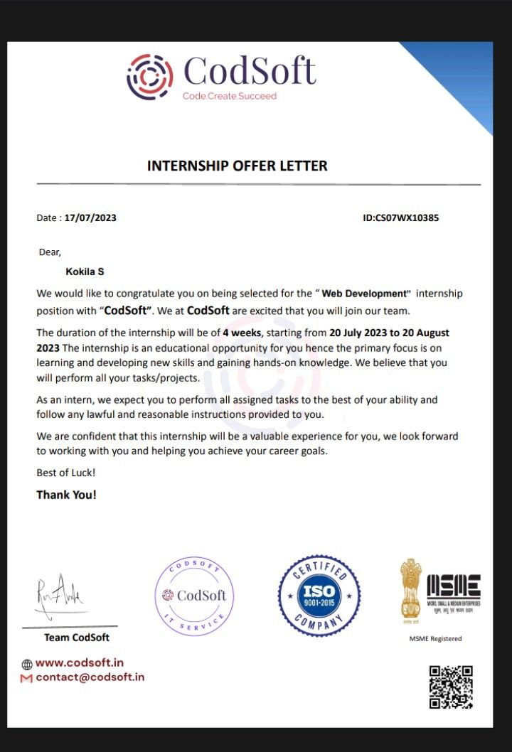 Kokila Suresh on LinkedIn: #intern #codsoft Kokila Suresh on LinkedIn: #intern #codsoft