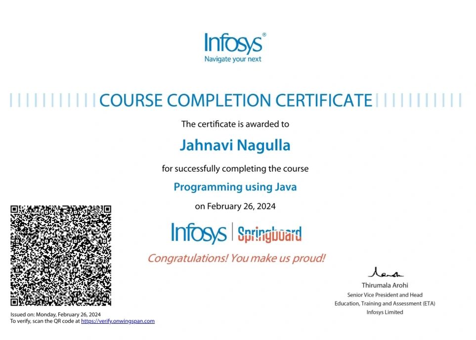 Nagulla Jahnavi on LinkedIn: #infosys #springboard #java #certificate # ... Nagulla Jahnavi on LinkedIn: #infosys #springboard #java #certificate # ...