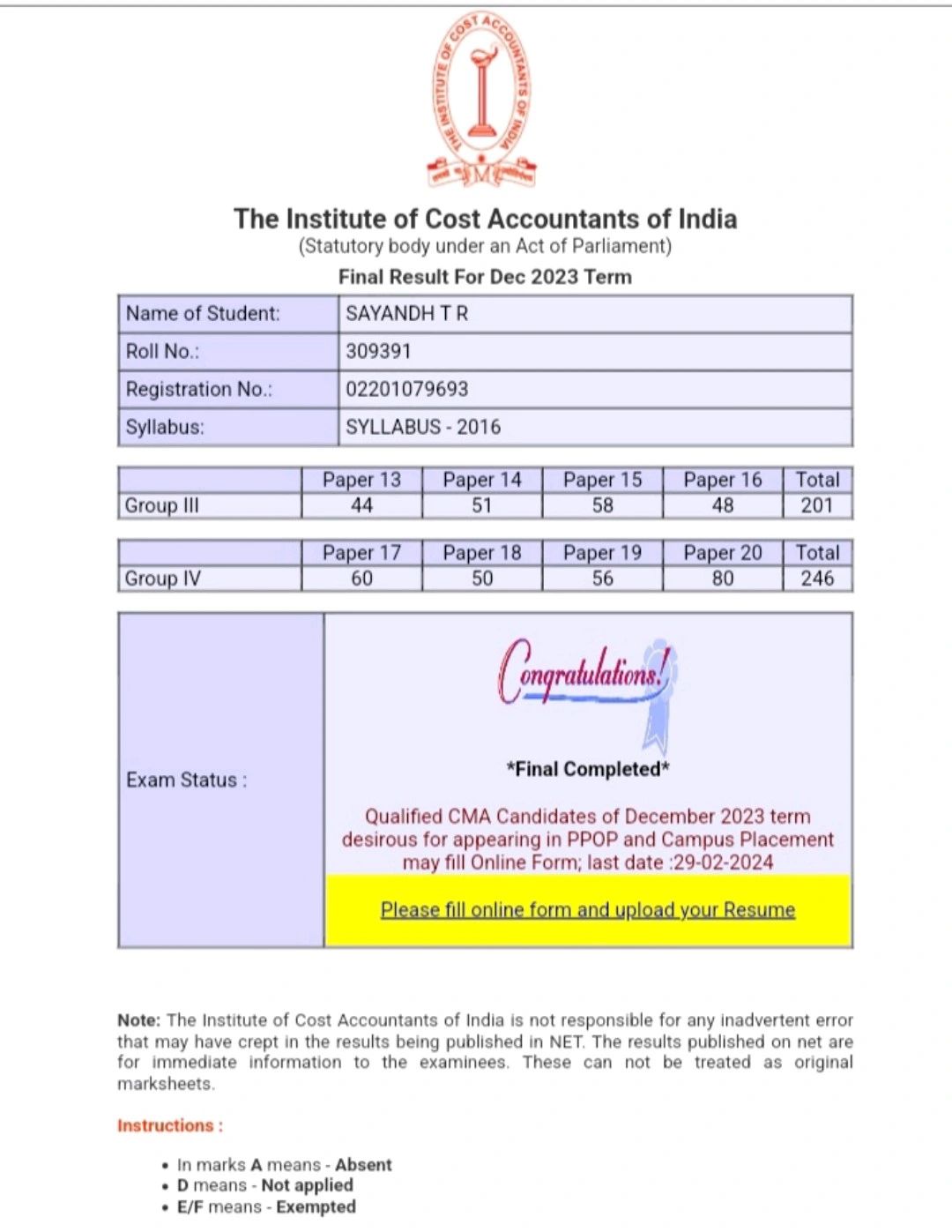 CMA Sayandh T R on LinkedIn: #cmaresults #dec2023term #cma # ... CMA Sayandh T R on LinkedIn: #cmaresults #dec2023term #cma # ...