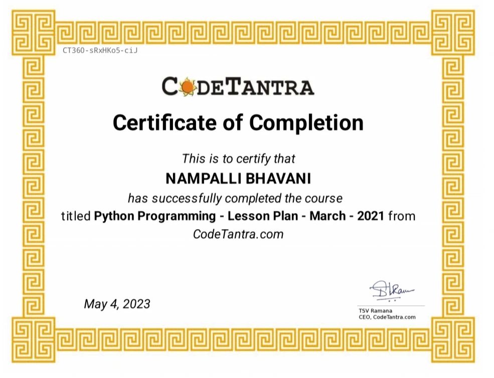 Nampalli Bhavani on LinkedIn: I have successfully completed Python ... Nampalli Bhavani on LinkedIn: I have successfully completed Python ...