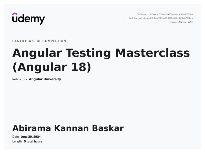 Abirama Kannan Baskar on LinkedIn: #angular #certification #unittesting Abirama Kannan Baskar on LinkedIn: #angular #certification #unittesting