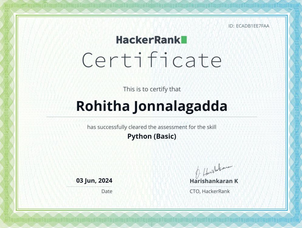 Rohitha Jonnalagadda on LinkedIn: I got Certified in Hackerrank Python ... Rohitha Jonnalagadda on LinkedIn: I got Certified in Hackerrank Python ...