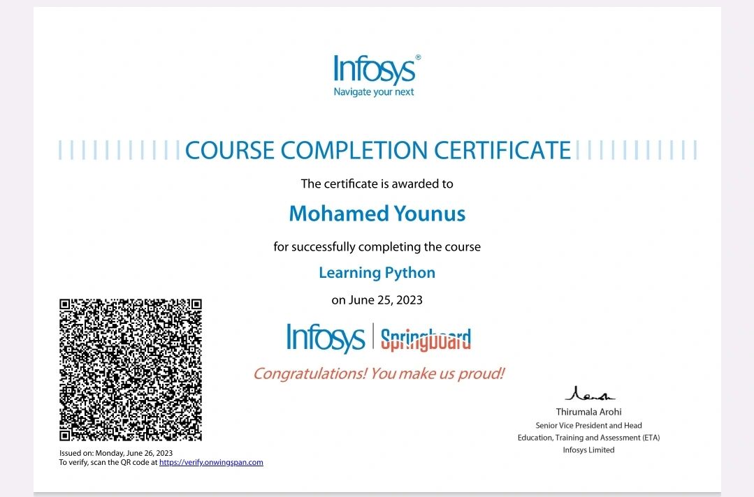 Mohamed Younus on LinkedIn: #infosysspringboard #python Mohamed Younus on LinkedIn: #infosysspringboard #python