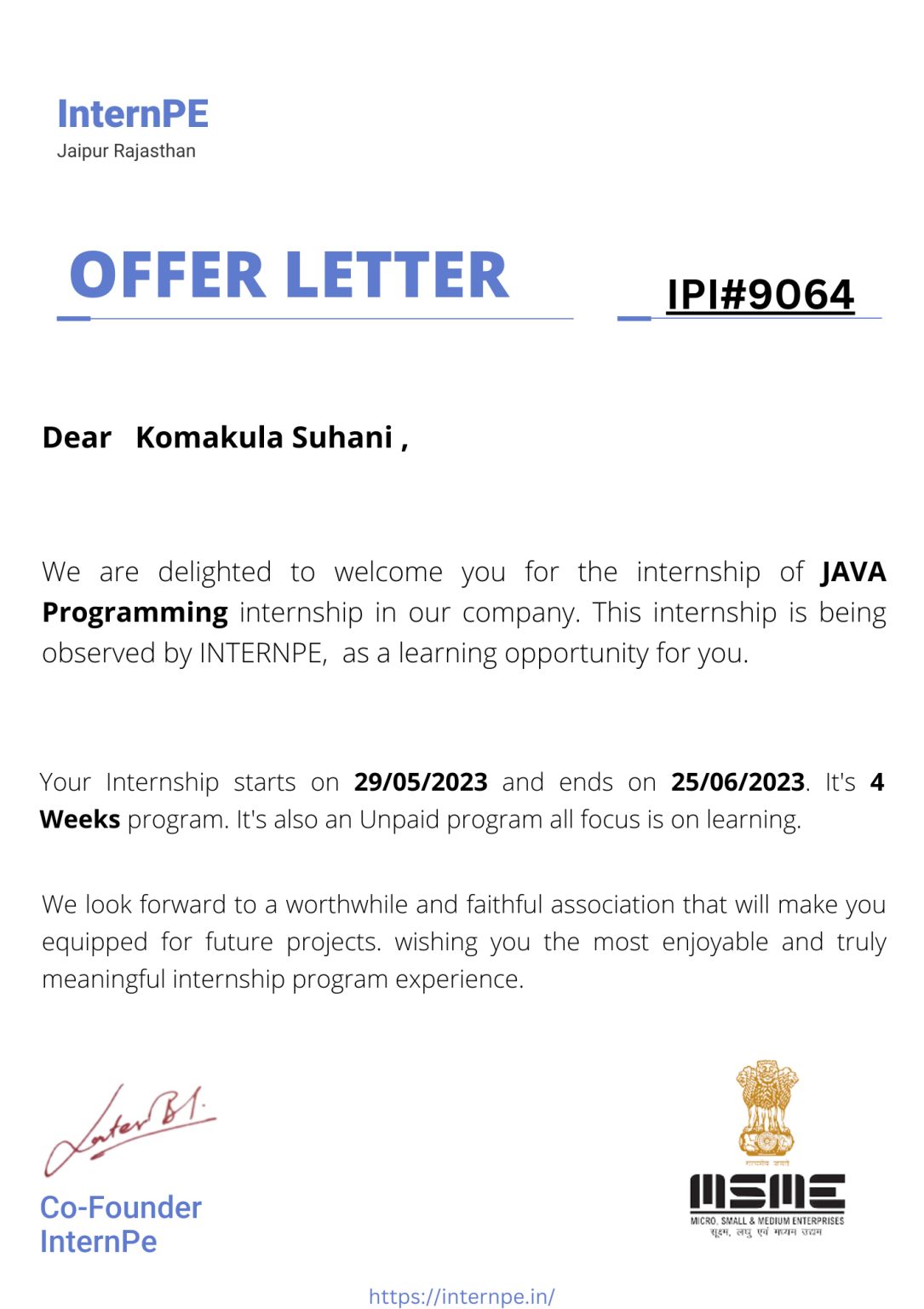 KOMAKULA SUHANI on LinkedIn: #internship #opportunity #offerletter # ... KOMAKULA SUHANI on LinkedIn: #internship #opportunity #offerletter # ...