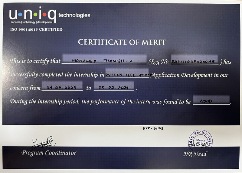 Mohamed Thanish on LinkedIn: Completed internship in python full stack ... Mohamed Thanish on LinkedIn: Completed internship in python full stack ...