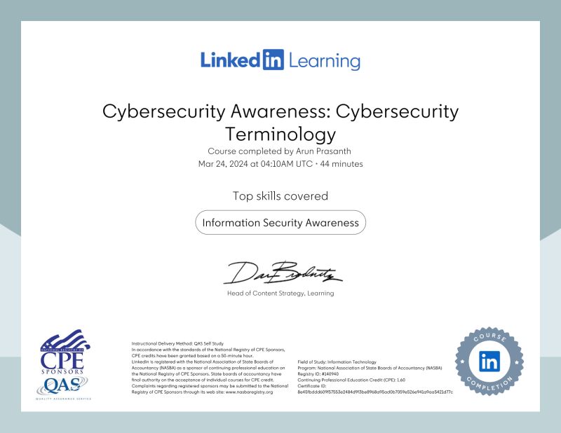 Arun Prasanth on LinkedIn: Certificate of Completion Arun Prasanth on LinkedIn: Certificate of Completion