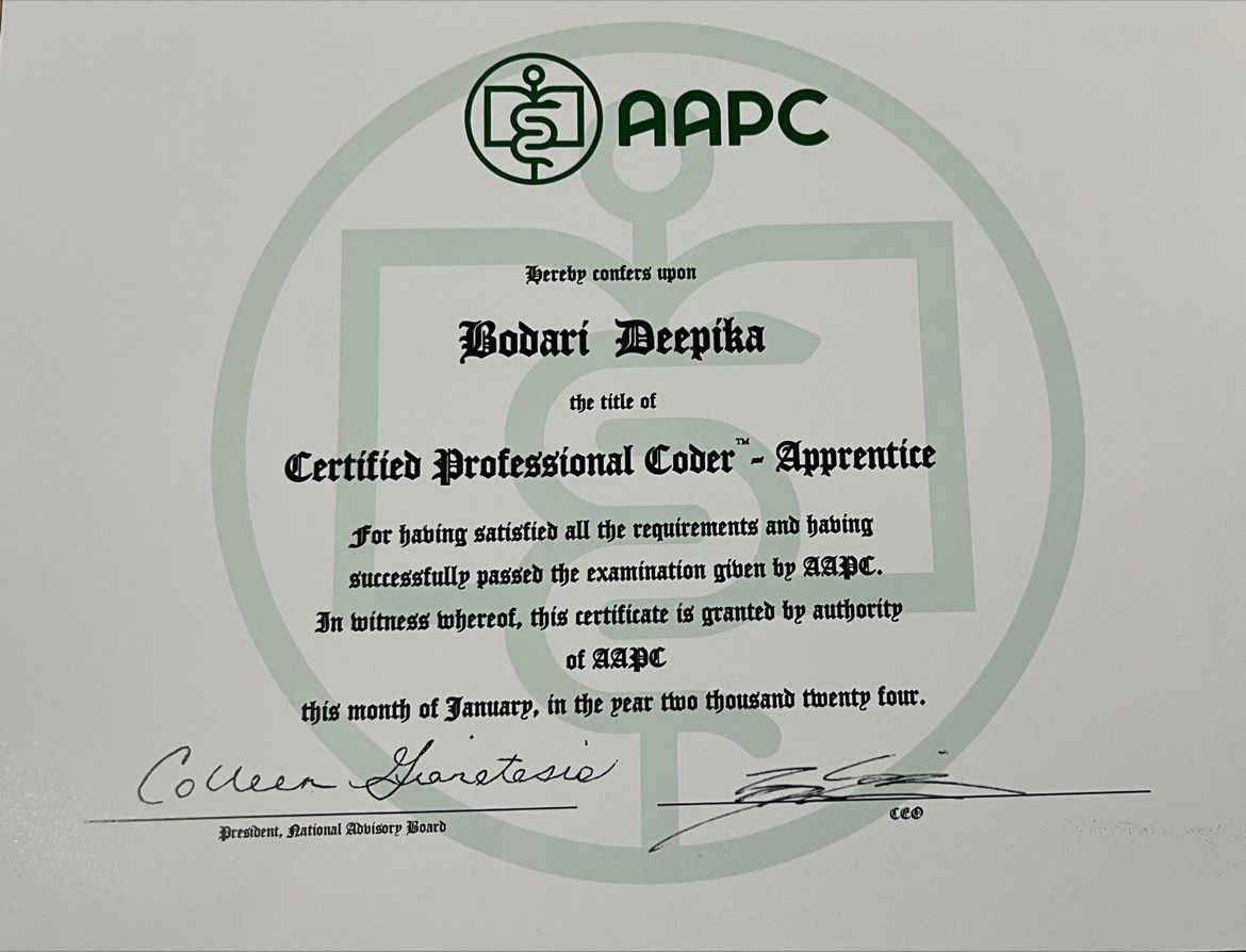 Deepika Bodari on LinkedIn: Finally! I am a certified professional coder. Deepika Bodari on LinkedIn: Finally! I am a certified professional coder.