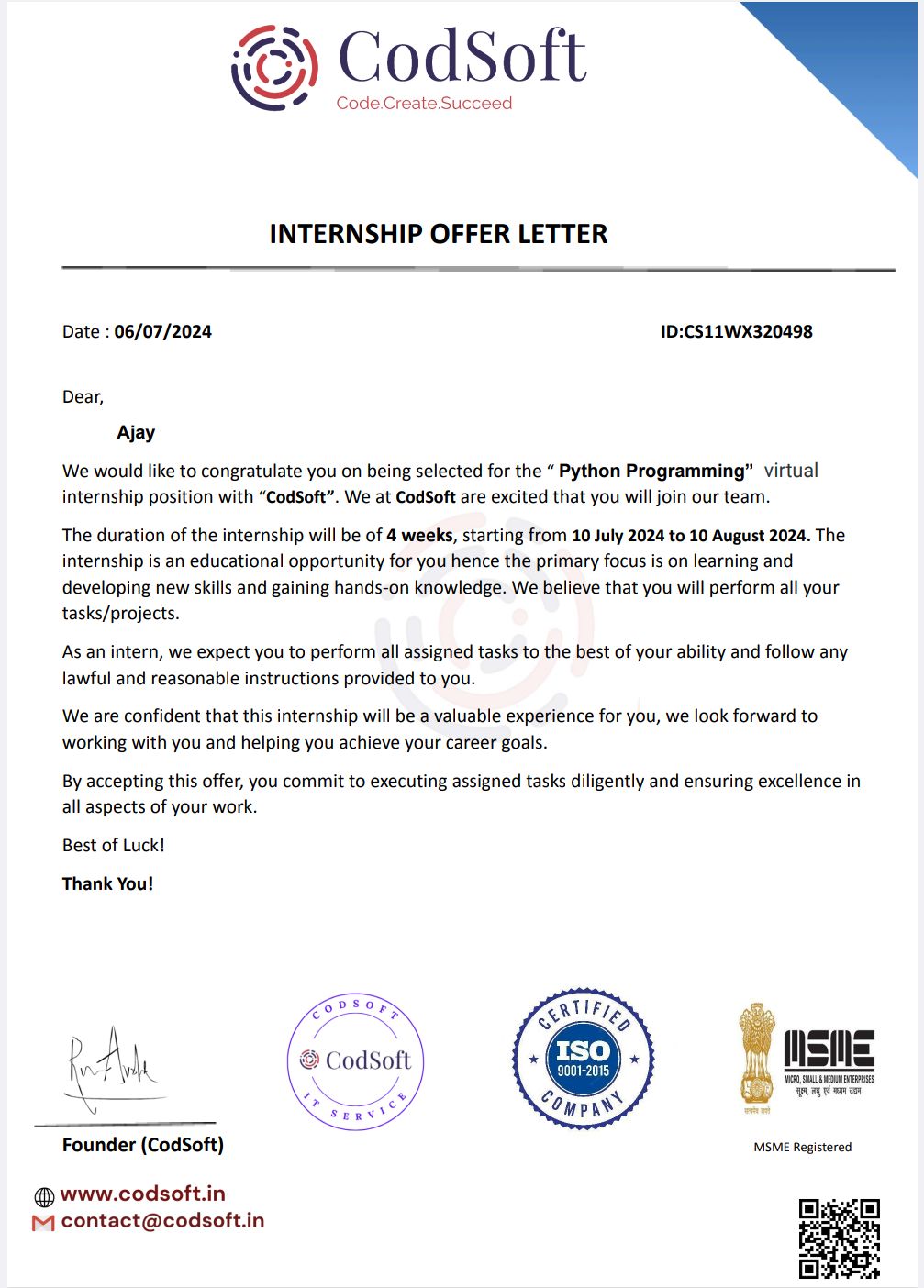 Ajay soam on LinkedIn: #newbeginnings #internship #codsoft Ajay soam on LinkedIn: #newbeginnings #internship #codsoft
