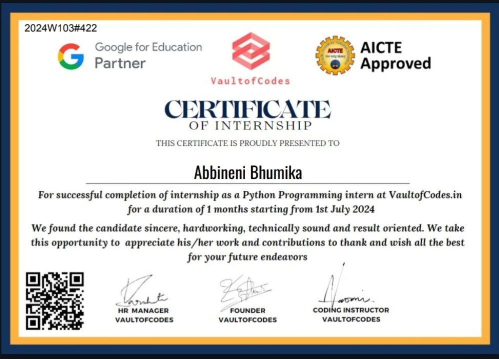 Bhumika A on LinkedIn: #python #internship #programming #vaultofcodes # ... Bhumika A on LinkedIn: #python #internship #programming #vaultofcodes # ...
