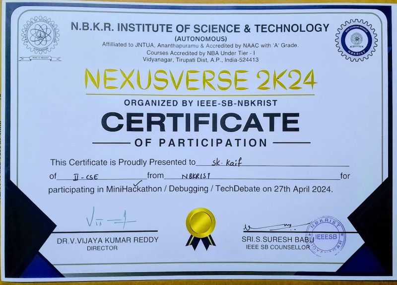 Mohammed Kaif SK on LinkedIn: #nexusverse #ieee #hackathon #nbkrist Mohammed Kaif SK on LinkedIn: #nexusverse #ieee #hackathon #nbkrist