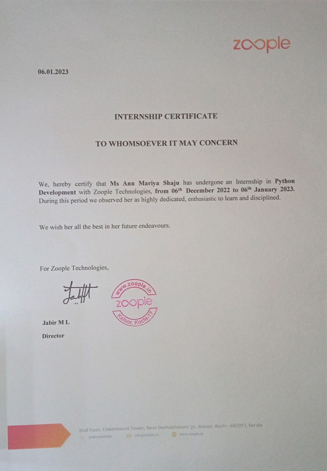Ann Mariya Shaju on LinkedIn: Internship Certificate Of Python Development Ann Mariya Shaju on LinkedIn: Internship Certificate Of Python Development