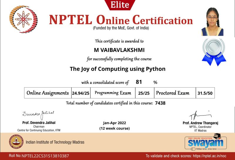 VAIBAVLAKSHMI M on LinkedIn: #nptel #python #pythonprogramming VAIBAVLAKSHMI M on LinkedIn: #nptel #python #pythonprogramming