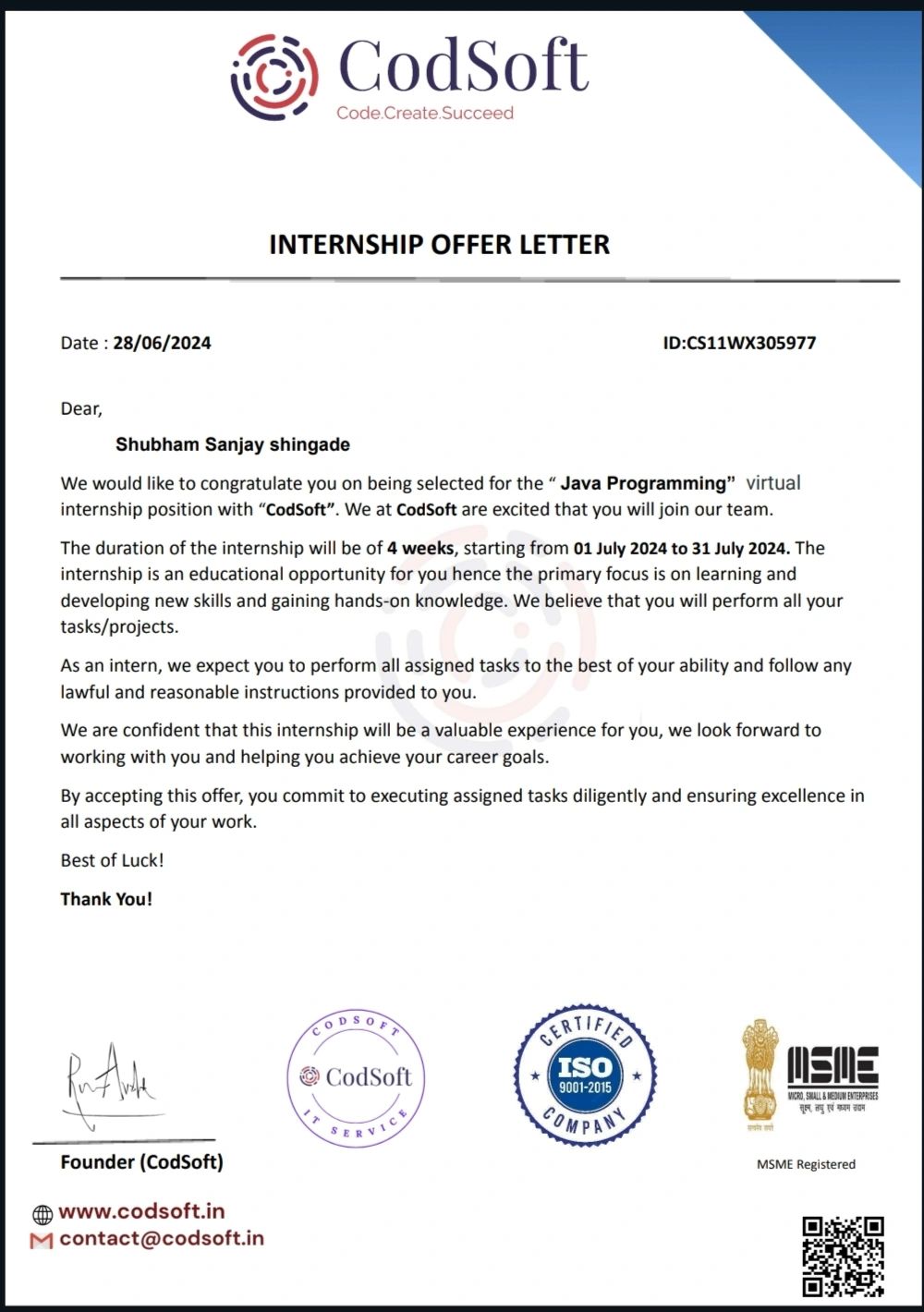 Shubham Shingade on LinkedIn: #codesoft #internship #java Shubham Shingade on LinkedIn: #codesoft #internship #java