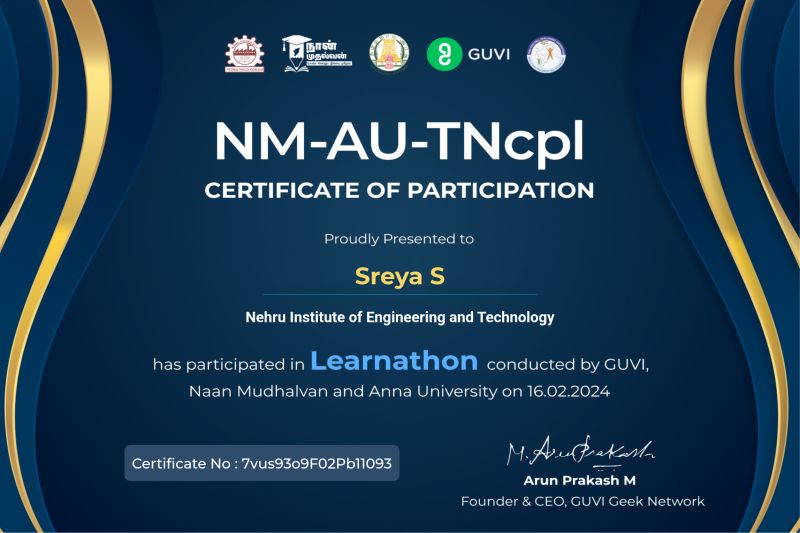 Sreya S on LinkedIn: #guvi #naanmudhalvan #annauniversity #learnathon Sreya S on LinkedIn: #guvi #naanmudhalvan #annauniversity #learnathon
