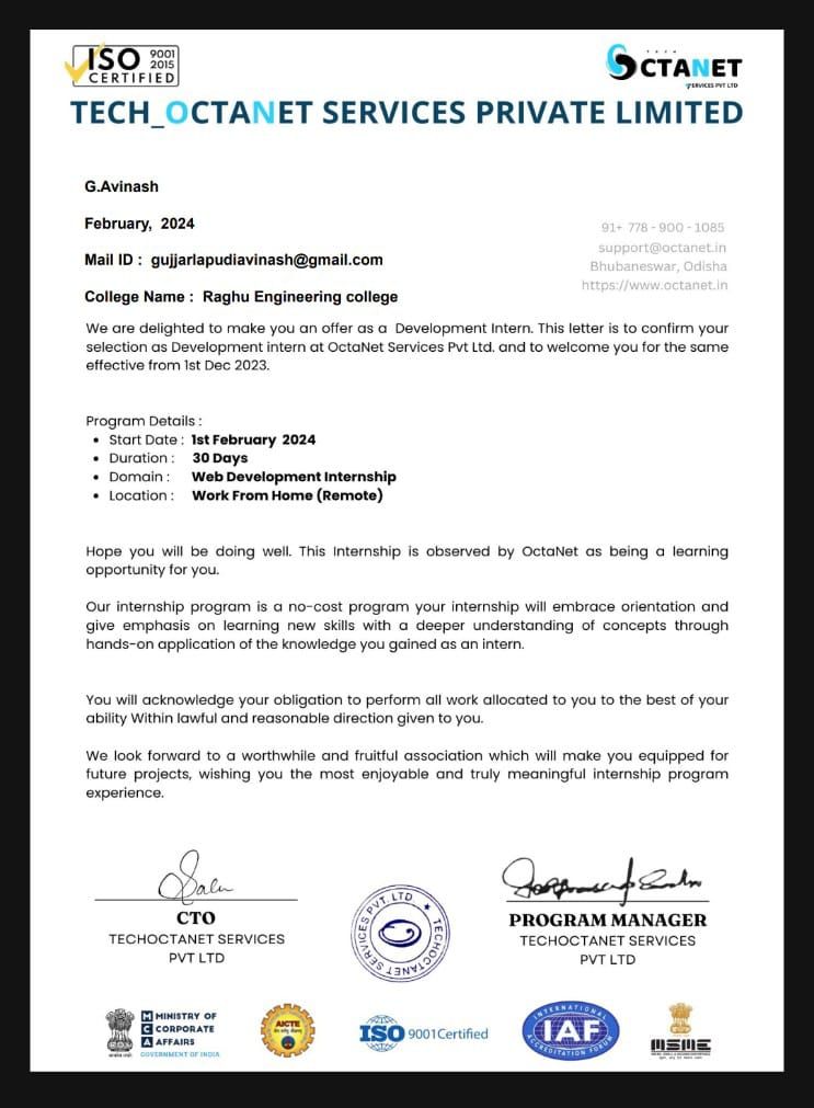 AVINASH GUJJARLAPUDI on LinkedIn: intern at OctaNet Services Pvt Ltd ... AVINASH GUJJARLAPUDI on LinkedIn: intern at OctaNet Services Pvt Ltd ...