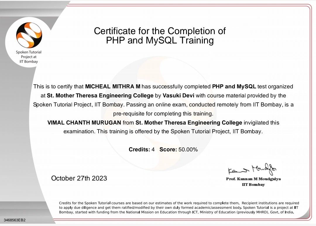 🚀 Completed PHP and MySQL training! 🎓💻 | Micheal Mithra posted on the ... 🚀 Completed PHP and MySQL training! 🎓💻 | Micheal Mithra posted on the ...
