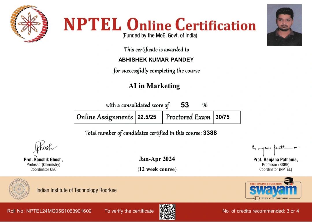Abhishek Kumar Pandey on LinkedIn: #aiinmarketing #nptel #iitroorkee Abhishek Kumar Pandey on LinkedIn: #aiinmarketing #nptel #iitroorkee
