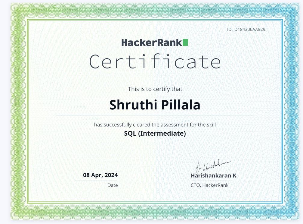 SHRUTHI PILLALA on LinkedIn: HackerRank Skill Certificate SHRUTHI PILLALA on LinkedIn: HackerRank Skill Certificate