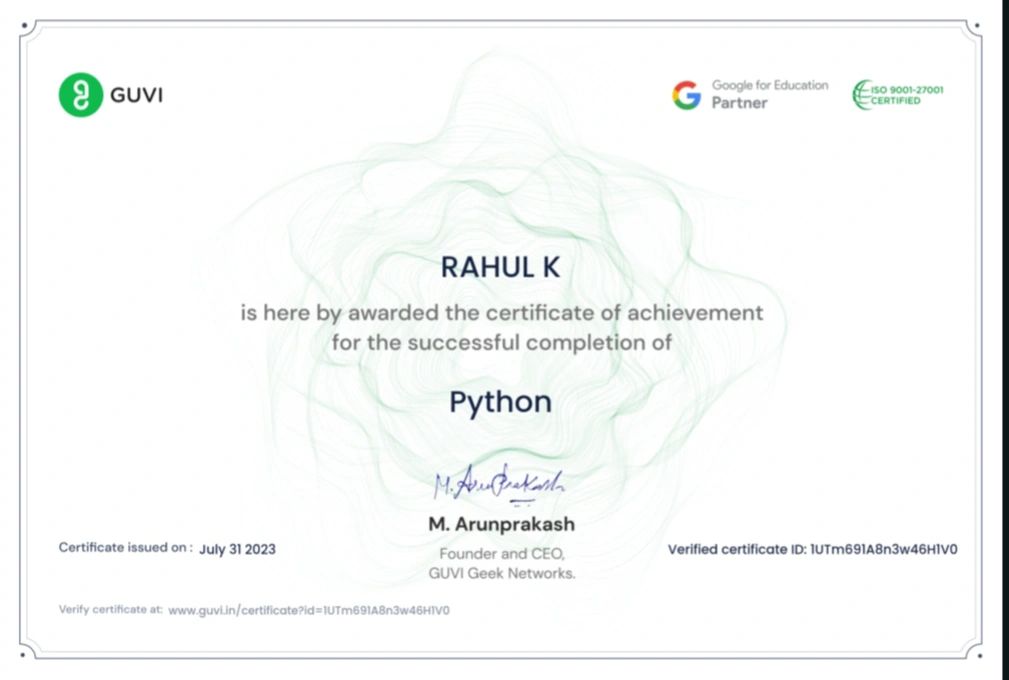 RAHUL K on LinkedIn: #python #certification #guvi #electricalengineer # ... RAHUL K on LinkedIn: #python #certification #guvi #electricalengineer # ...
