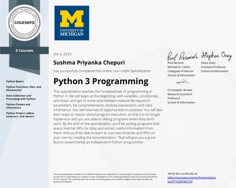 Sushma priyanka on LinkedIn: #pythonprogramming #courseraspecialization Sushma priyanka on LinkedIn: #pythonprogramming #courseraspecialization