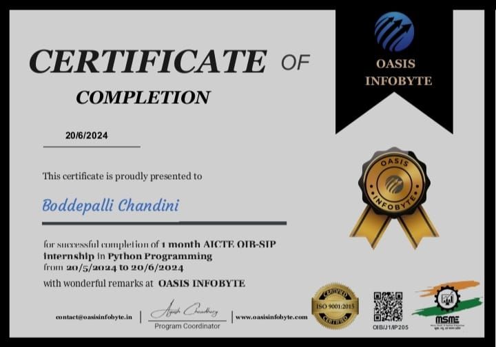 Chandini Boddepalli on LinkedIn: #pythonprogramming #oasisinfobyte # ... Chandini Boddepalli on LinkedIn: #pythonprogramming #oasisinfobyte # ...