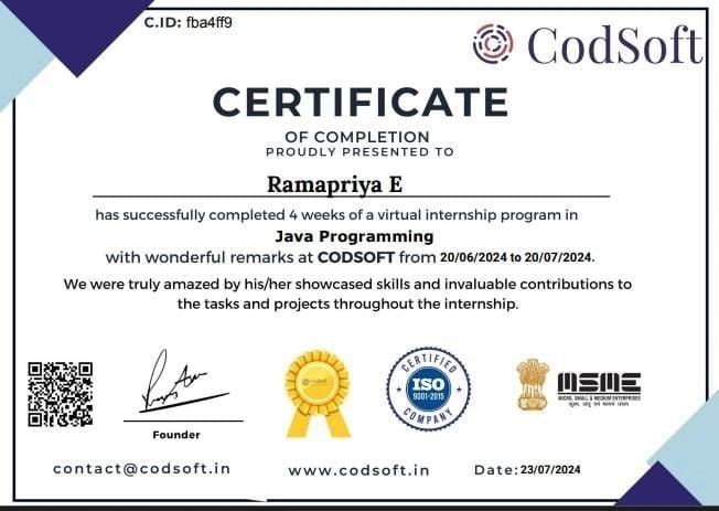 RAMAPRIYA E on LinkedIn: #codsoft #java RAMAPRIYA E on LinkedIn: #codsoft #java