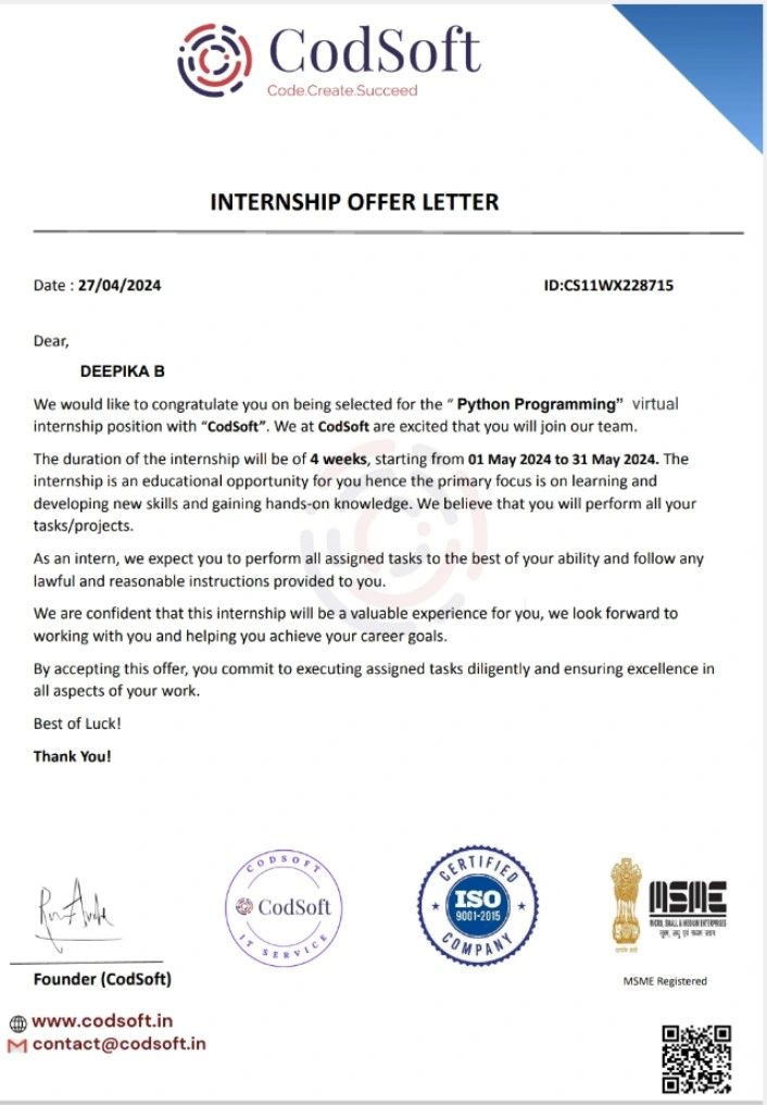 Deepika .B on LinkedIn: #python #internship #codsoft Deepika .B on LinkedIn: #python #internship #codsoft