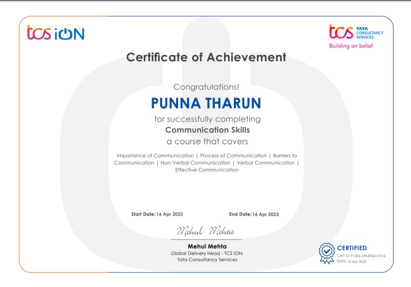PUNNA THARUN on LinkedIn: #communicationskills #tcsion #tcs PUNNA THARUN on LinkedIn: #communicationskills #tcsion #tcs