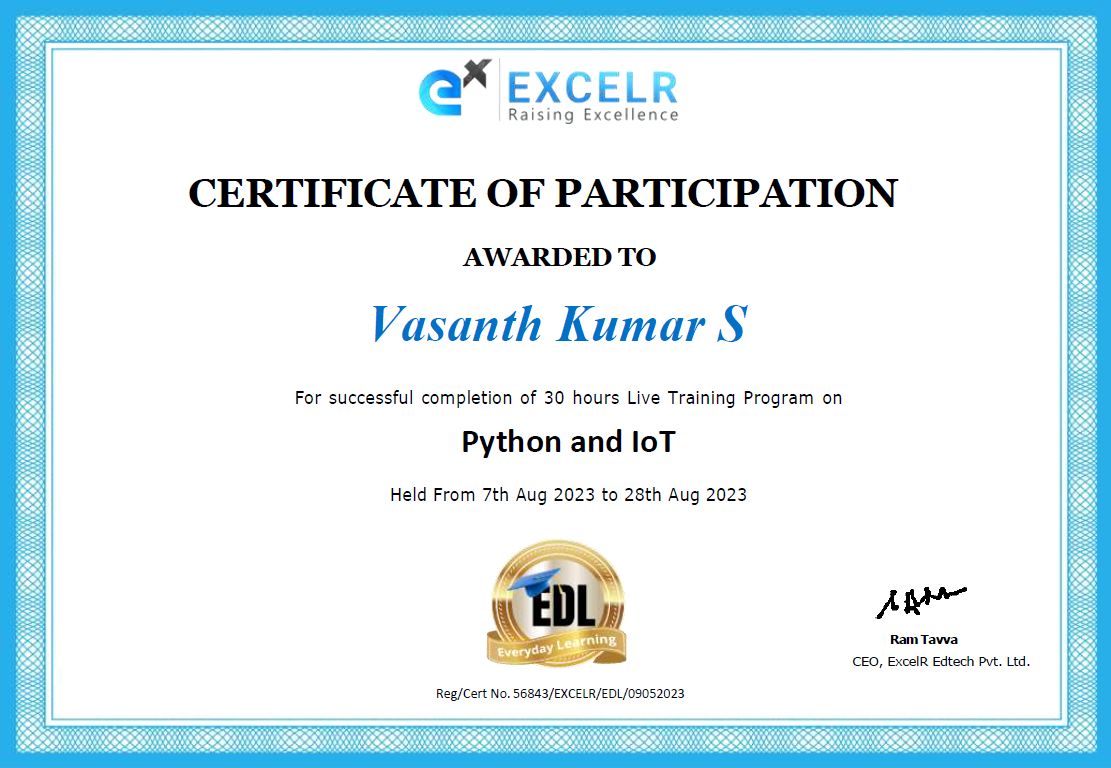 Finished Python and IoT course! | Vasanth Kumar S posted on the topic ... Finished Python and IoT course! | Vasanth Kumar S posted on the topic ...