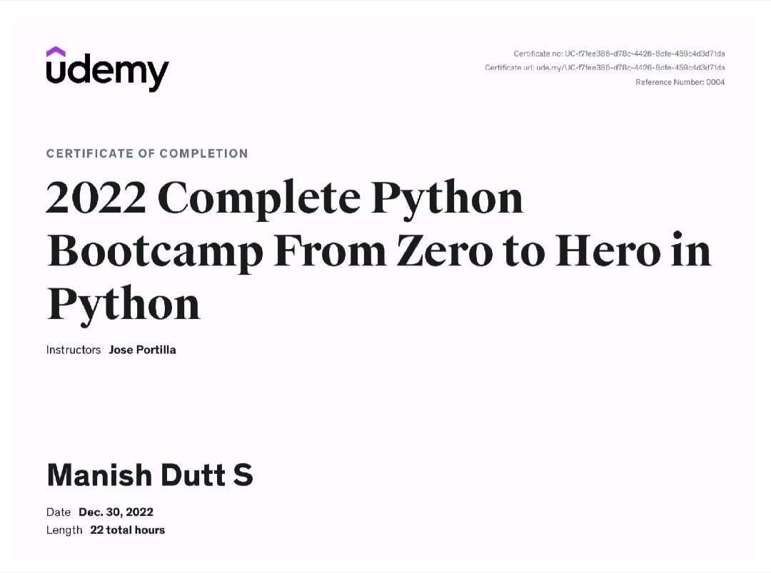 Manish Dutt S on LinkedIn: #udemy #pythonprogramming #bootcamp Manish Dutt S on LinkedIn: #udemy #pythonprogramming #bootcamp