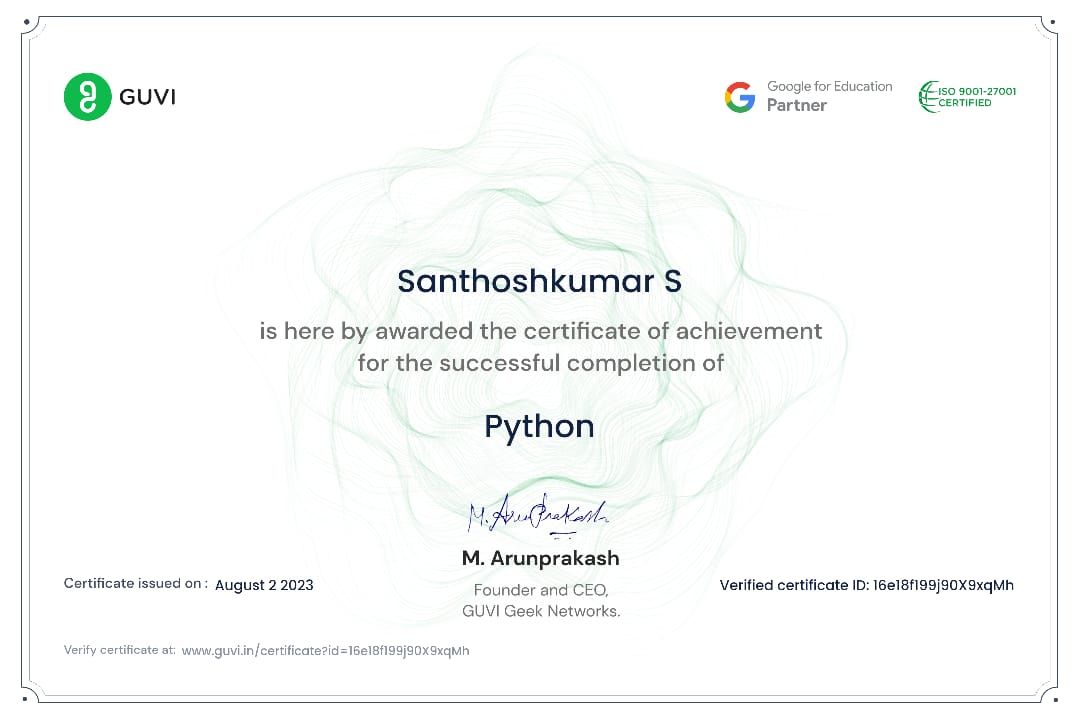Santhosh Kumar on LinkedIn: Python course certificate Santhosh Kumar on LinkedIn: Python course certificate