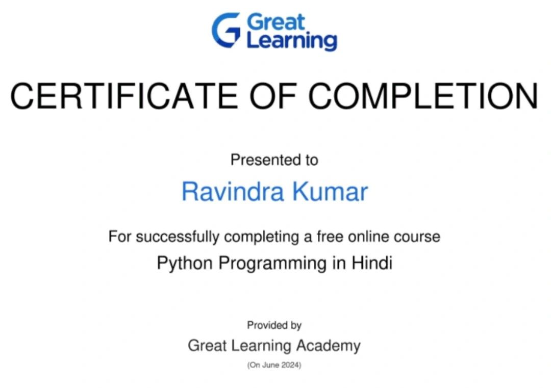 Ravindra kumar Niraniya on LinkedIn: I got certificate in python ... Ravindra kumar Niraniya on LinkedIn: I got certificate in python ...
