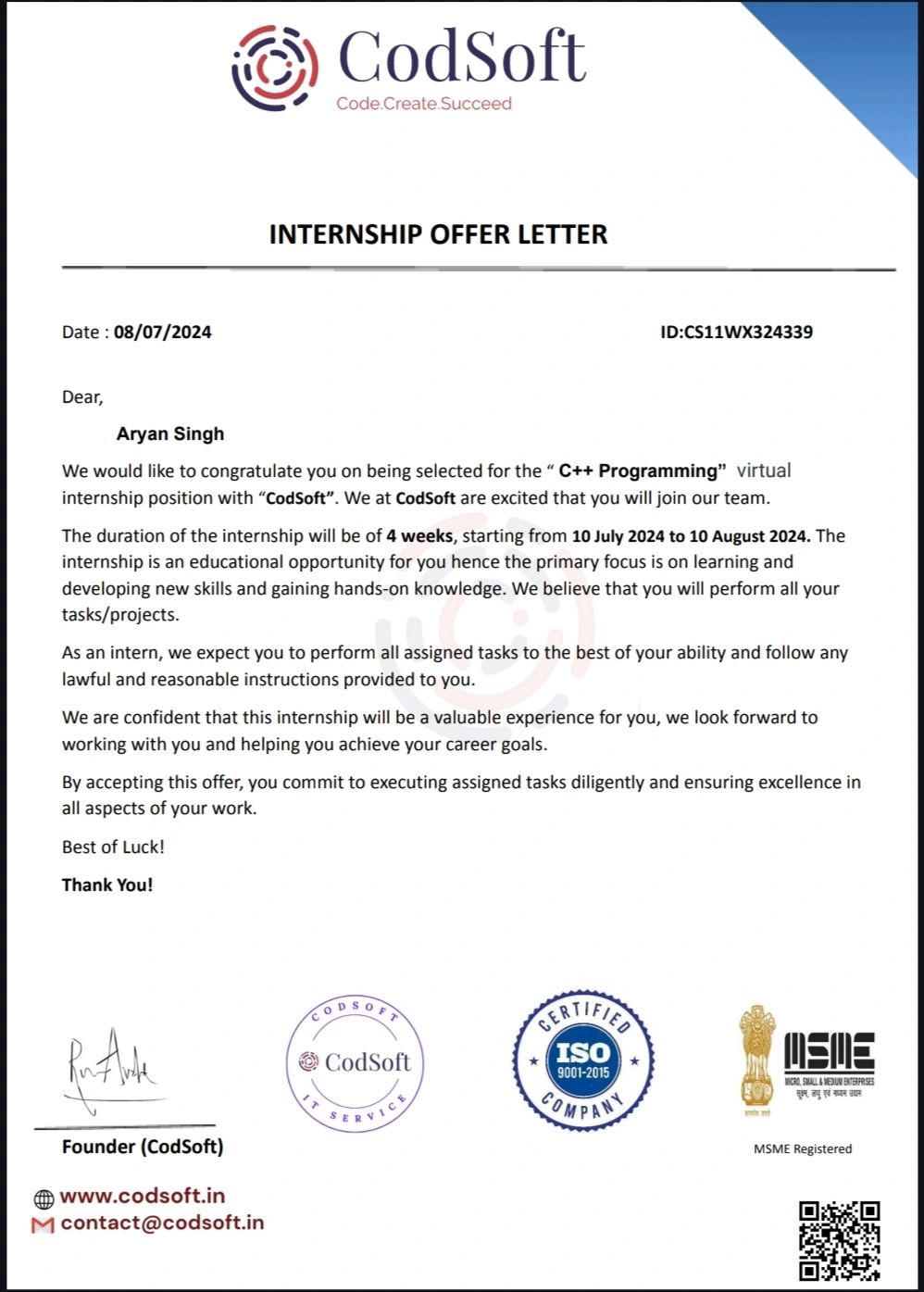 Aryan Singh on LinkedIn: #internship #cplusplus #codsoft Aryan Singh on LinkedIn: #internship #cplusplus #codsoft