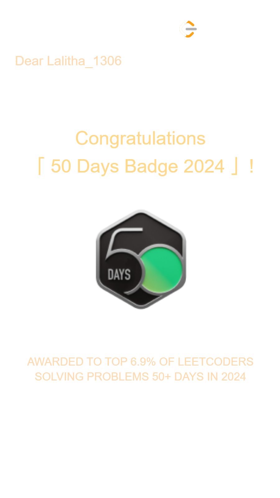 Earned 50 days coding badge on LeetCode | Lalitha Bhimireddy posted on ... Earned 50 days coding badge on LeetCode | Lalitha Bhimireddy posted on ...