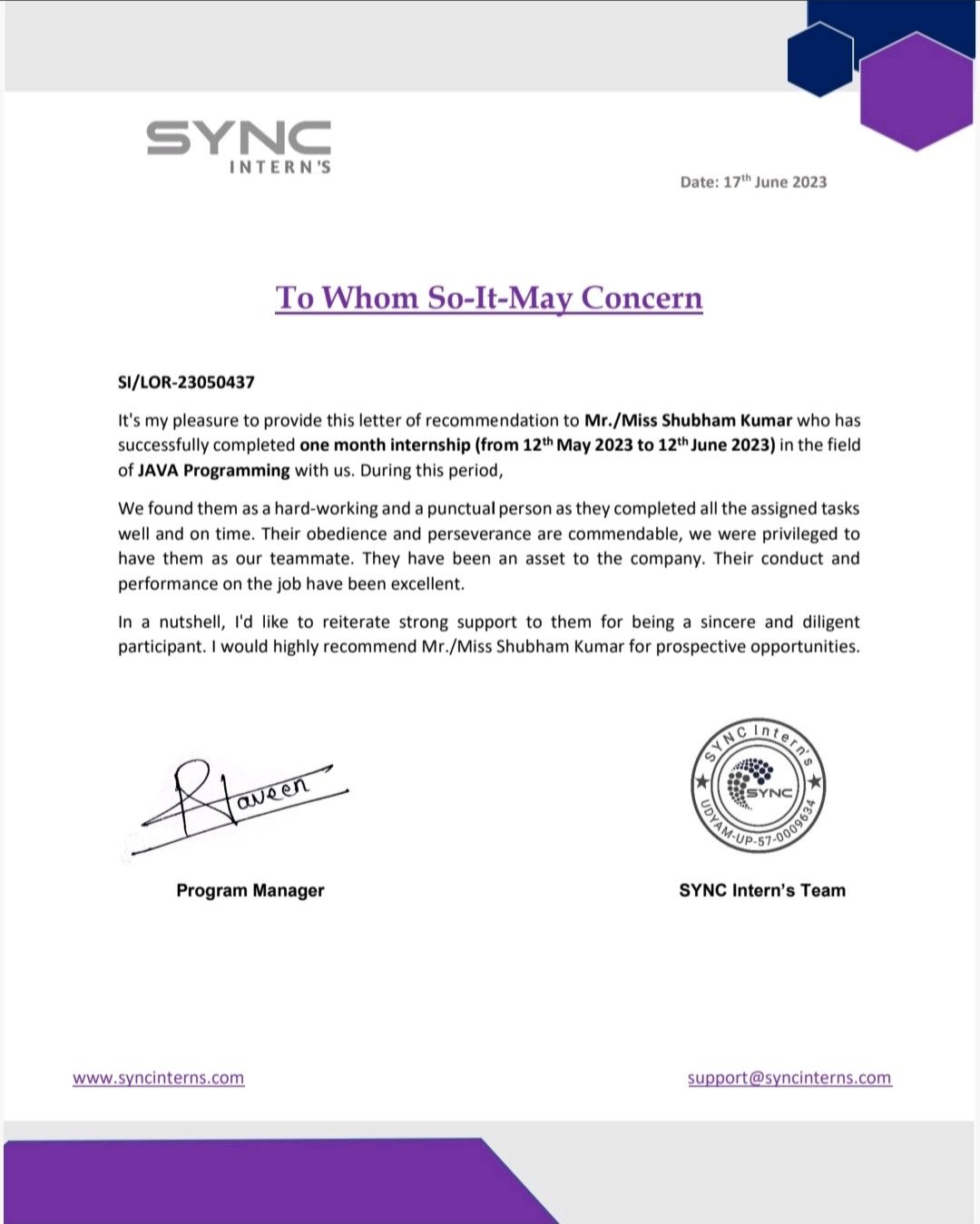 Shubham Kumar on LinkedIn: #letterofrecommendation #syncinterns # ... Shubham Kumar on LinkedIn: #letterofrecommendation #syncinterns # ...