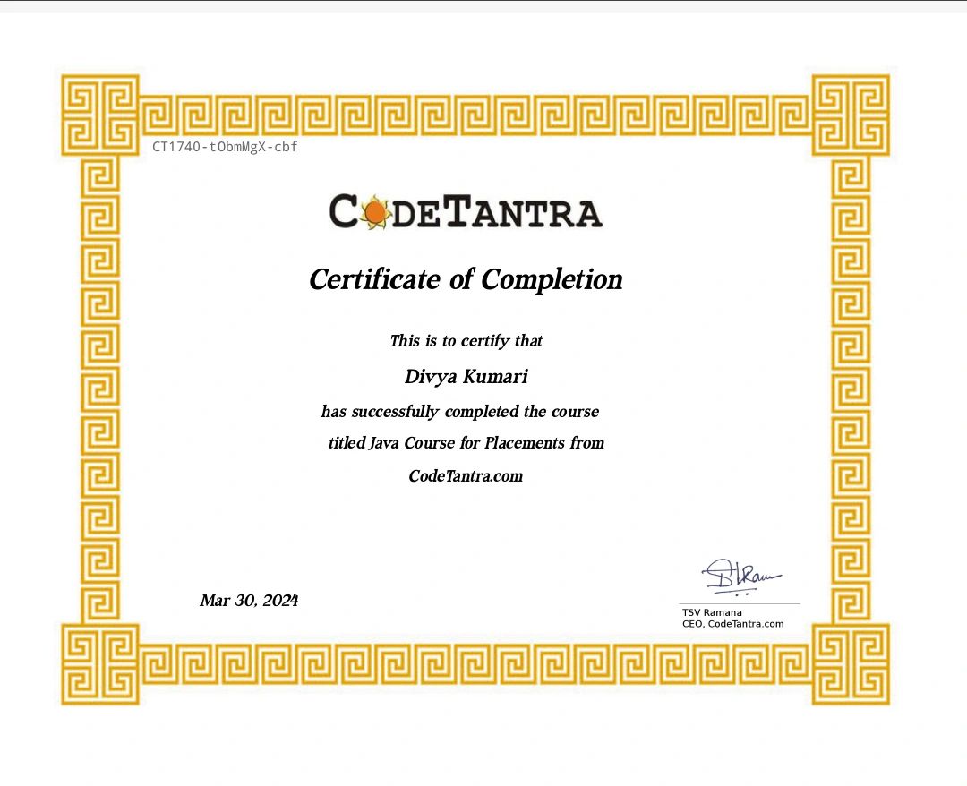 divya kumari on LinkedIn: #java #codetantra #certification divya kumari on LinkedIn: #java #codetantra #certification