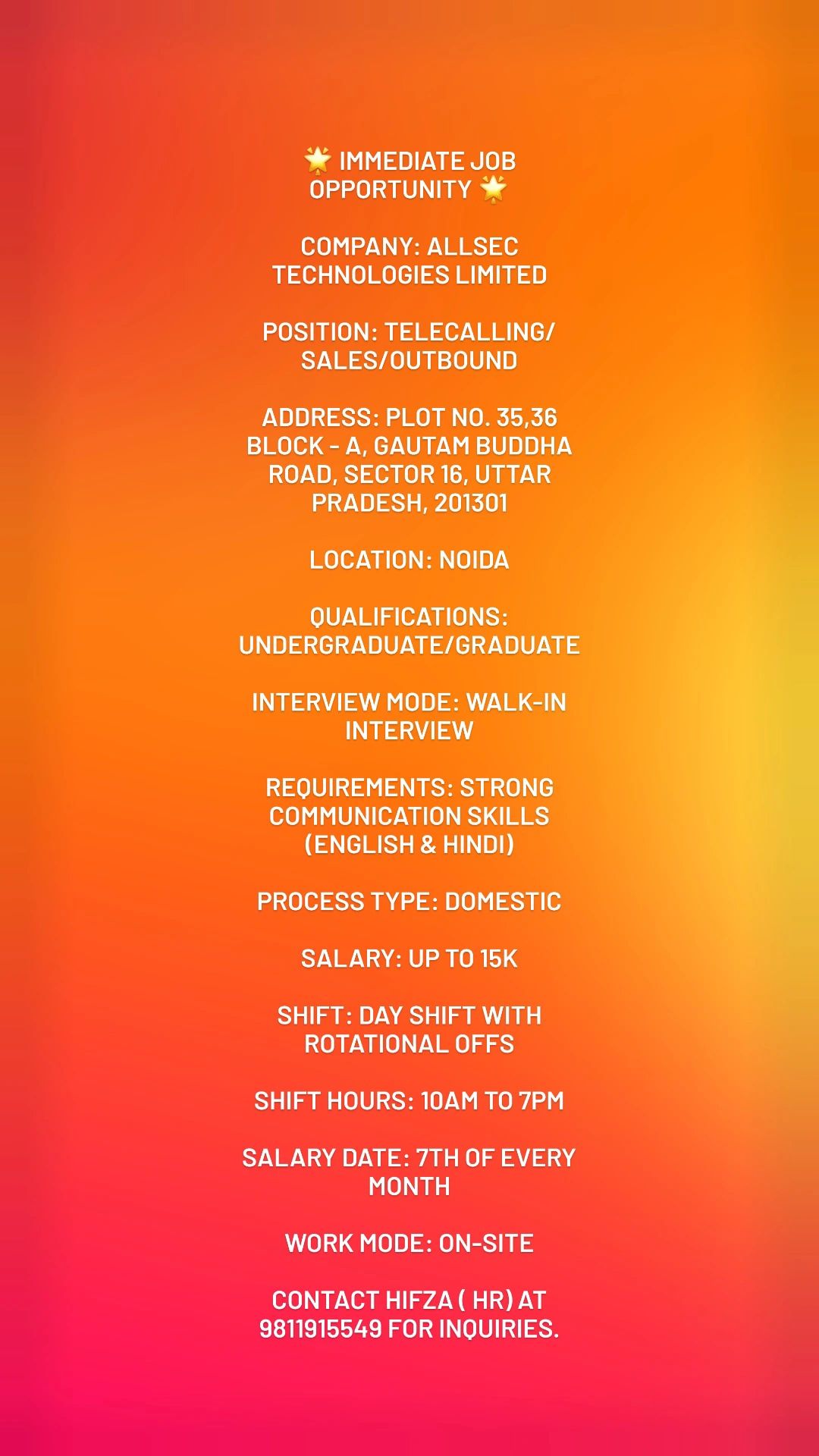 Hifza Ali on LinkedIn: Greetings Connections!!🙌 Urgent Hiring!! Allsec ... Hifza Ali on LinkedIn: Greetings Connections!!🙌 Urgent Hiring!! Allsec ...