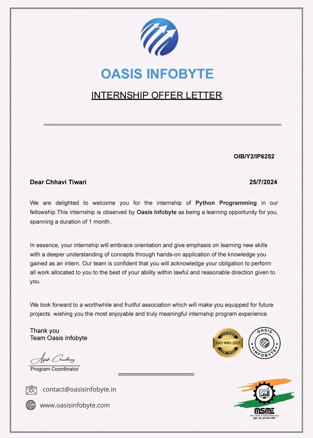 Chhavi Tiwari on LinkedIn: #aicte #oasisinfobyte #pythonprogramming # ... Chhavi Tiwari on LinkedIn: #aicte #oasisinfobyte #pythonprogramming # ...