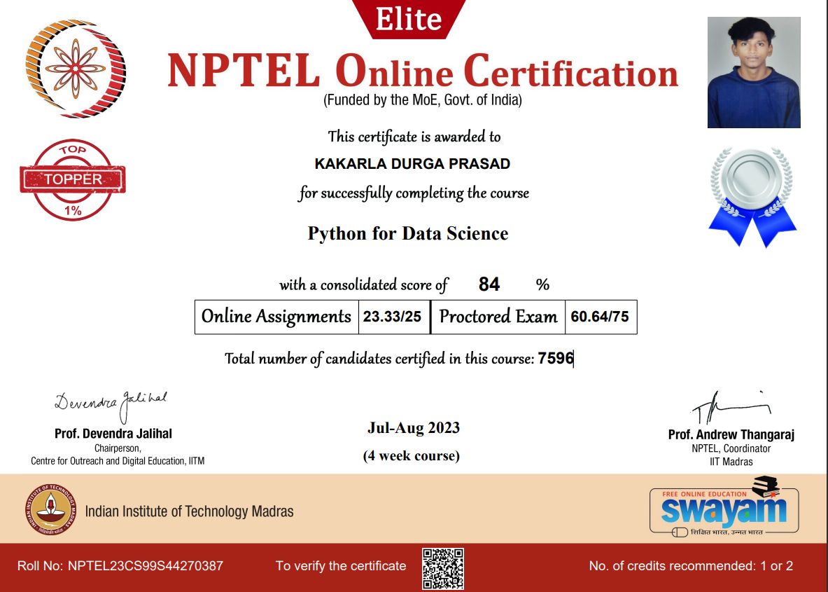 Durga prasad Kakarla on LinkedIn: #nptel #certification #python # ... Durga prasad Kakarla on LinkedIn: #nptel #certification #python # ...