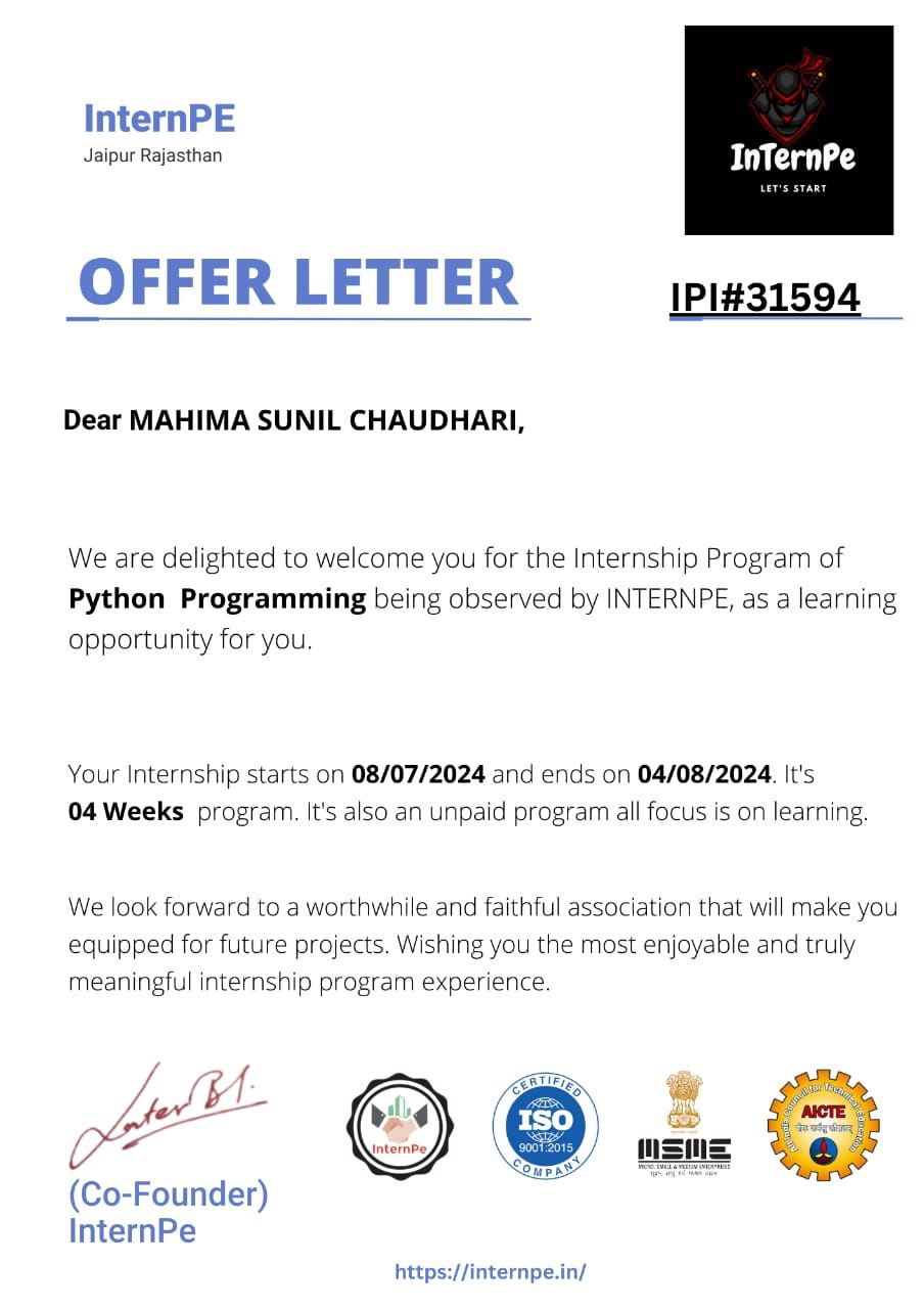 Mahima Chaudhari on LinkedIn: #internpe #internship #offerletter Mahima Chaudhari on LinkedIn: #internpe #internship #offerletter