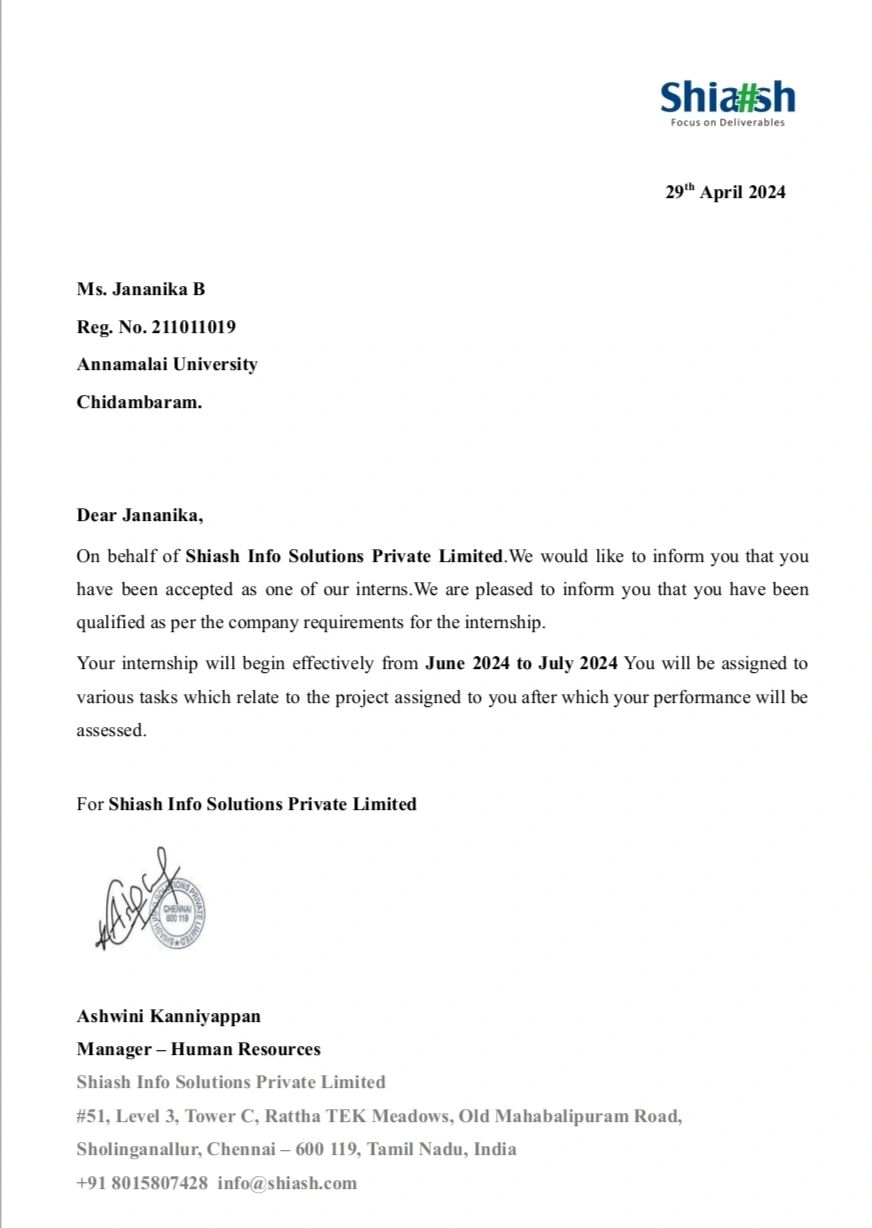 Jananika Balaji on LinkedIn: #shiash #intern #datascience #offerletter Jananika Balaji on LinkedIn: #shiash #intern #datascience #offerletter