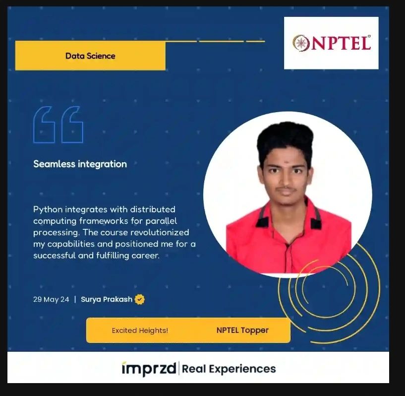 SURYA PRAKASH M on LinkedIn: #npteltopper #nptel SURYA PRAKASH M on LinkedIn: #npteltopper #nptel