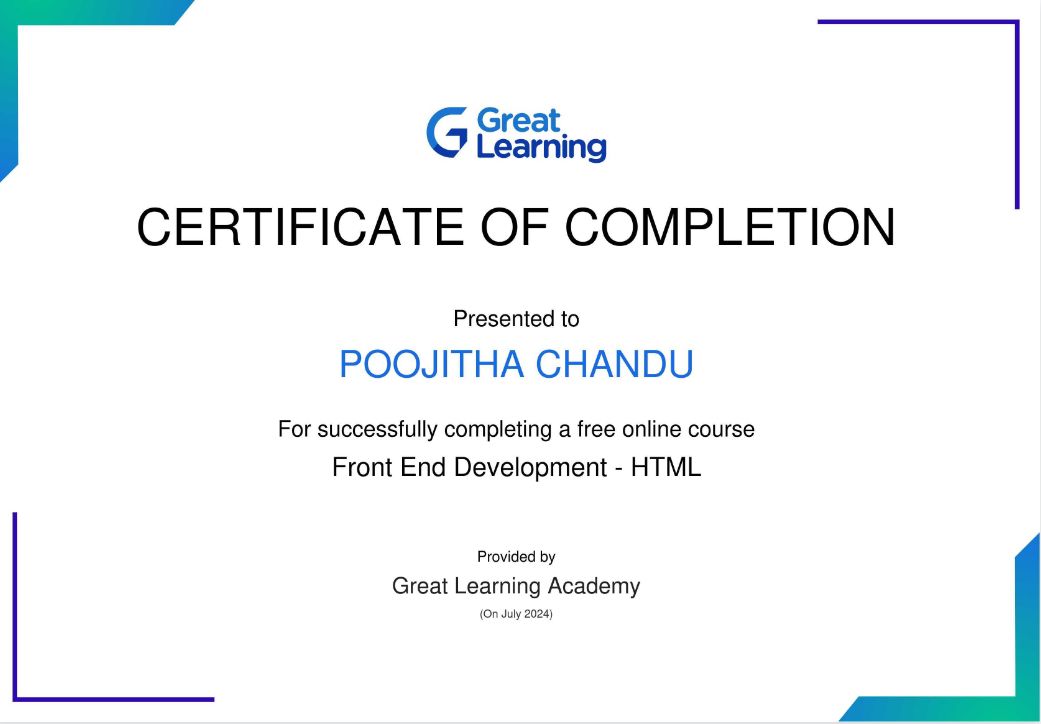 Poojitha Chandu on LinkedIn: #greatlearningacademy #html #certification Poojitha Chandu on LinkedIn: #greatlearningacademy #html #certification