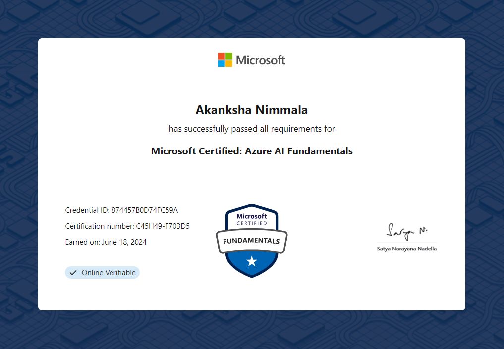 AKANKSHA NIMMALA on LinkedIn: #microsoftcertified #azureaifundamentals ... AKANKSHA NIMMALA on LinkedIn: #microsoftcertified #azureaifundamentals ...