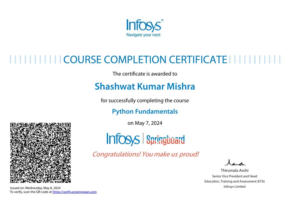 Shashwat Kumar Mishra on LinkedIn: #infosys #python #learning #skill Shashwat Kumar Mishra on LinkedIn: #infosys #python #learning #skill