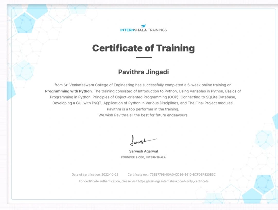 J Pavithra on LinkedIn: Python Programming Internship Certificate J Pavithra on LinkedIn: Python Programming Internship Certificate