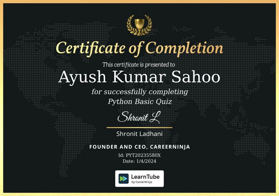 Ayush Kumar Sahoo on LinkedIn: #codingjourney #python #certification # ... Ayush Kumar Sahoo on LinkedIn: #codingjourney #python #certification # ...