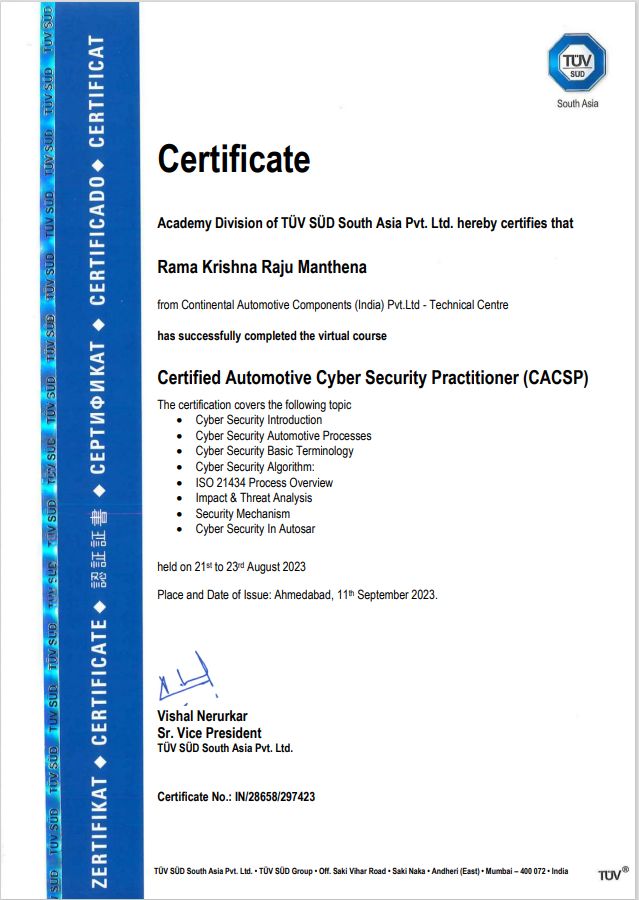 Rama Krishna RAJU.M on LinkedIn: CACSP Certificate for Automotive ... Rama Krishna RAJU.M on LinkedIn: CACSP Certificate for Automotive ...